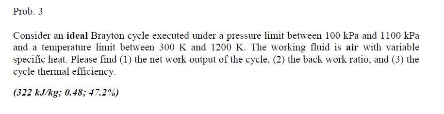 Solved Prob. 3 Consider an ideal Brayton cycle executed | Chegg.com