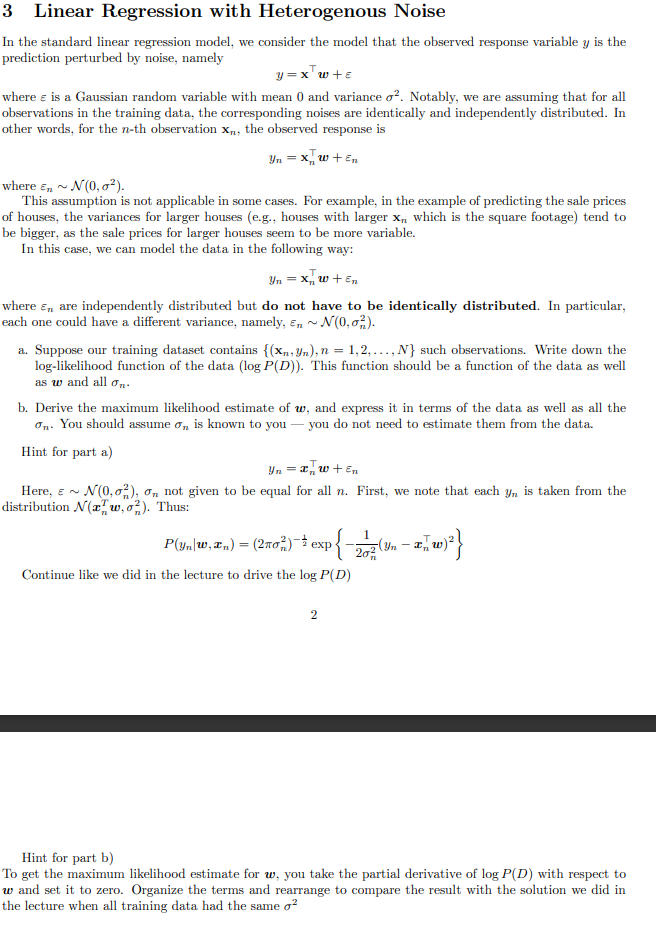 3 Linear Regression with Heterogenous Noise In the | Chegg.com