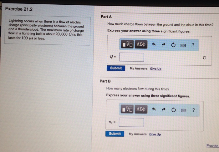 Solved Exercise 21.2 Part A Lightning occurs when there is a | Chegg.com