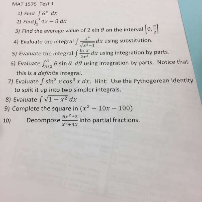 Solved MaT 1575 Test 1 Find Integral 6^x dx Find | Chegg.com