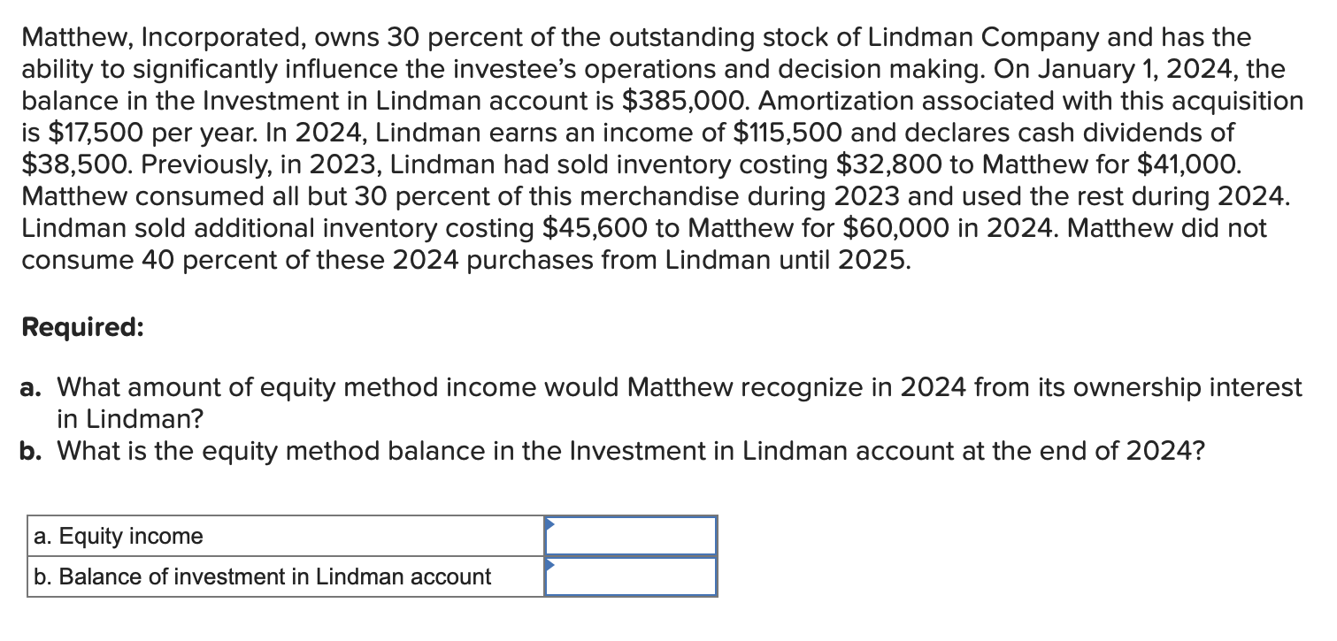Solved Matthew, Incorporated, owns 30 percent of the | Chegg.com