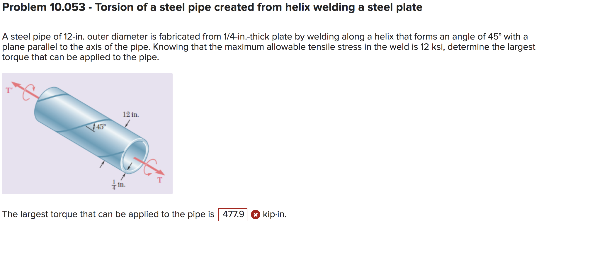 Solved Problem 10.053 - Torsion of a steel pipe created from | Chegg.com