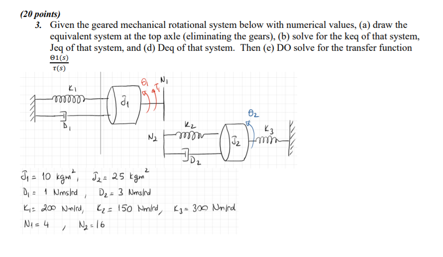 Solved (20 points) 3. Given the geared mechanical rotational | Chegg.com