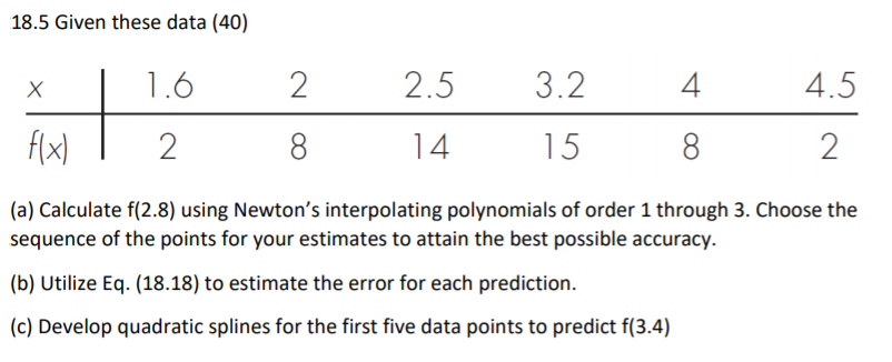 Solved 18.5 Given these data (40) x fx 1.6 2 2 8 2.5 14 3.2 | Chegg.com