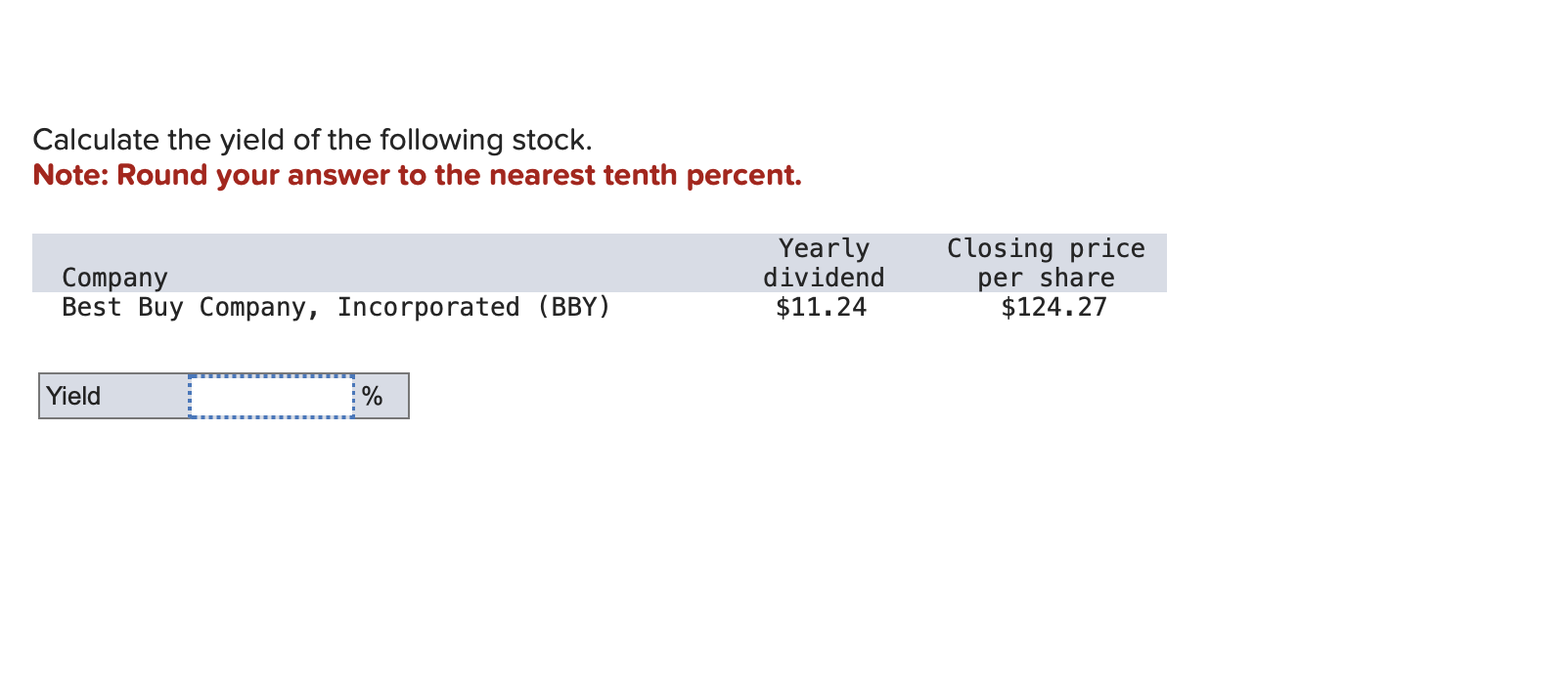 Solved Calculate the yield of the following stock. Note: | Chegg.com