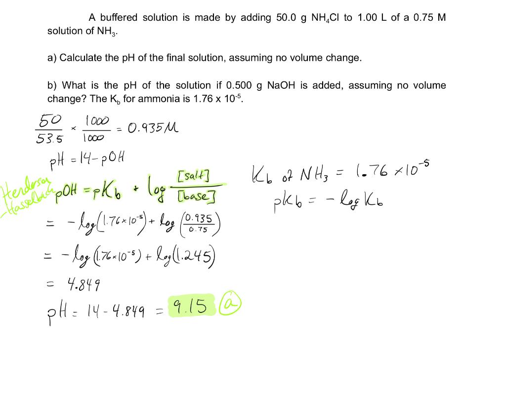 Solved A buffered solution is made by adding 50.0 g NH,Cl to | Chegg.com