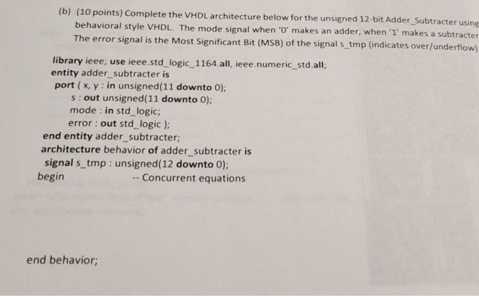 Solved (b) (10 points) Complete the VHDL architecture below | Chegg.com