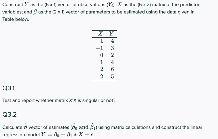 Solved Construct Y as the (6 x 1) vector of observations | Chegg.com