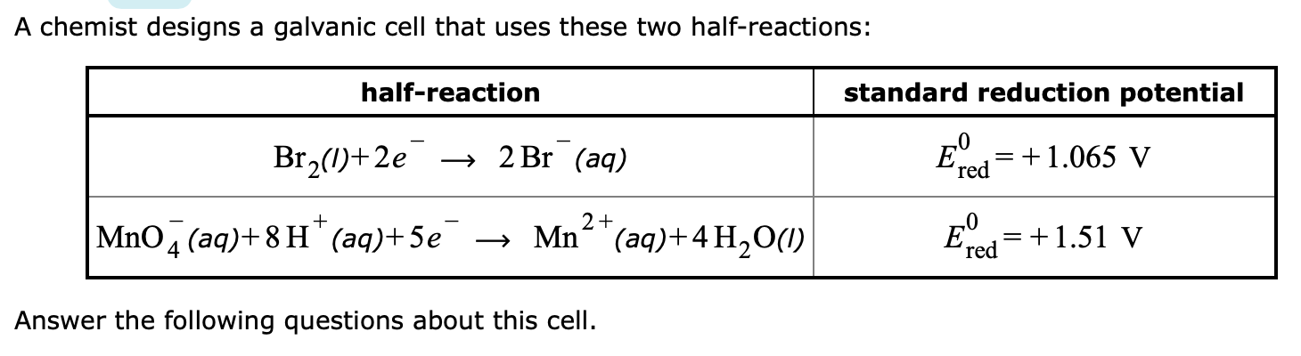 Solved A chemist designs a galvanic cell that uses these two | Chegg.com