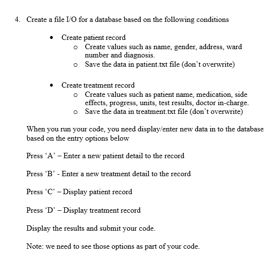 Solved Create a file I/O for a database based on the | Chegg.com