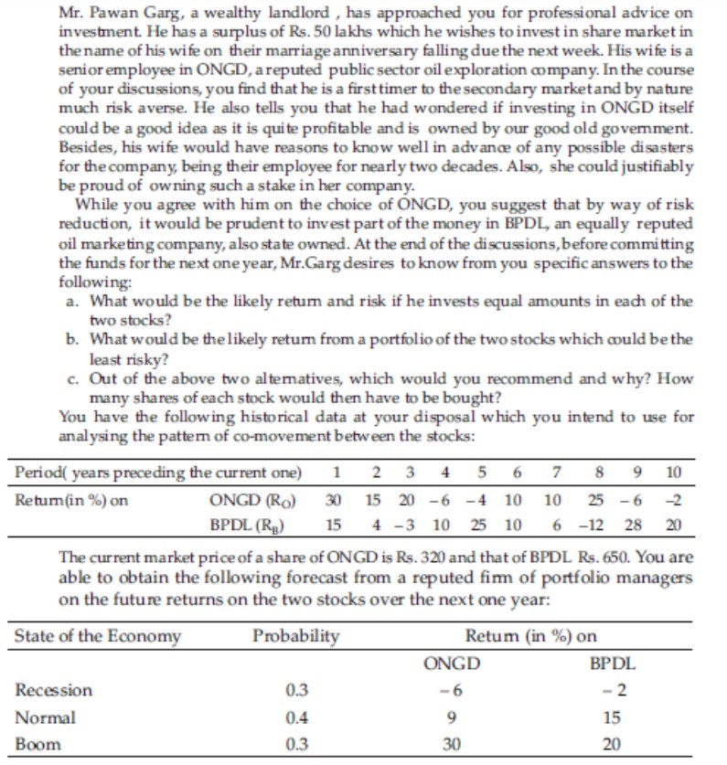 Solved Mr. Pawan Garg, a wealthy landlord, has approached | Chegg.com