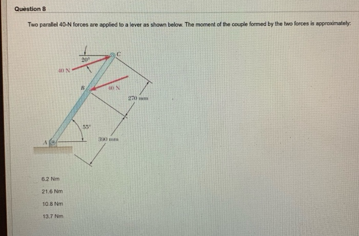 Solved Question 8 Two paralel 40-N forces are applied to a | Chegg.com