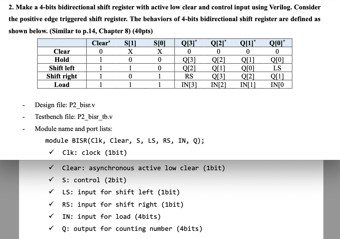 Solved 2. Make a 4-bits bidirectional shift register with | Chegg.com