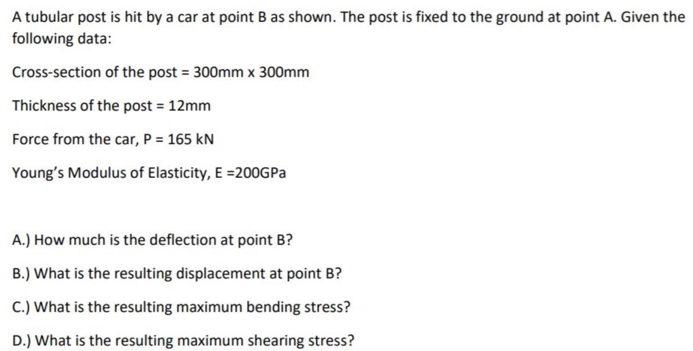 Solved A tubular post is hit by a car at point B as shown. | Chegg.com