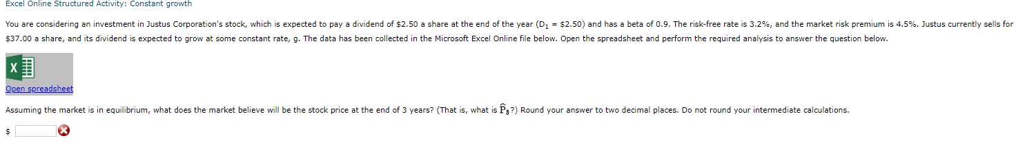 Solved Excel Online Structured Activity: Constant growth X理 | Chegg.com