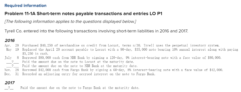 Solved Required information Problem 11-1A Short-term notes | Chegg.com