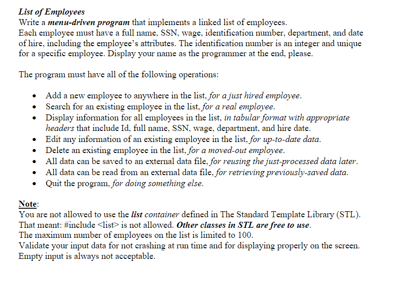 Solved List of Employees Write a menu-driven program that | Chegg.com