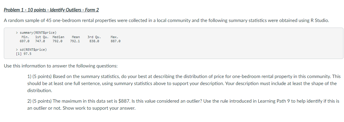 Solved Problem 1 - 10 points - Identify Outliers - Form 2 A | Chegg.com