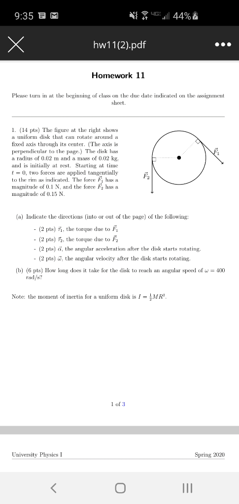 Solved 1. The figure at the right shows a uniform disk that | Chegg.com