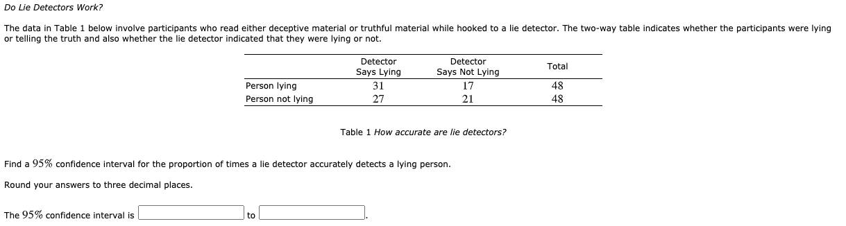Solved Do Lie Detectors Work? The data in Table 1 below | Chegg.com