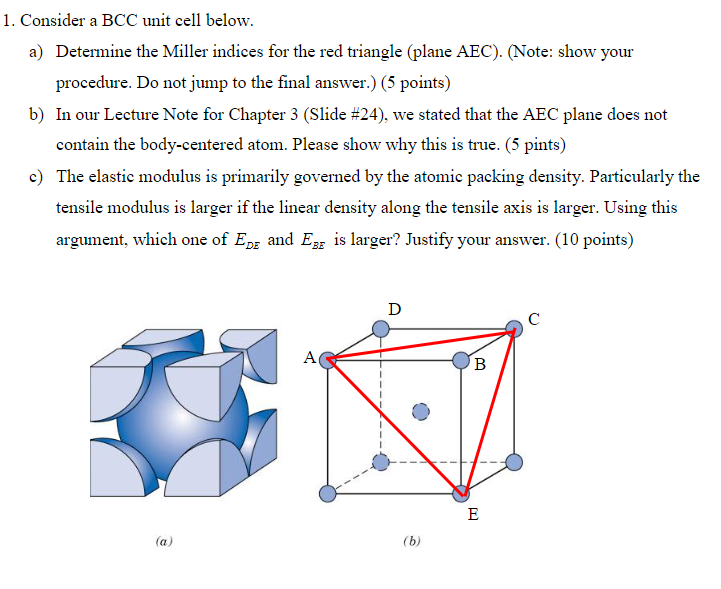 Solved 1. Consider a BCC unit cell below. a) Determine the | Chegg.com