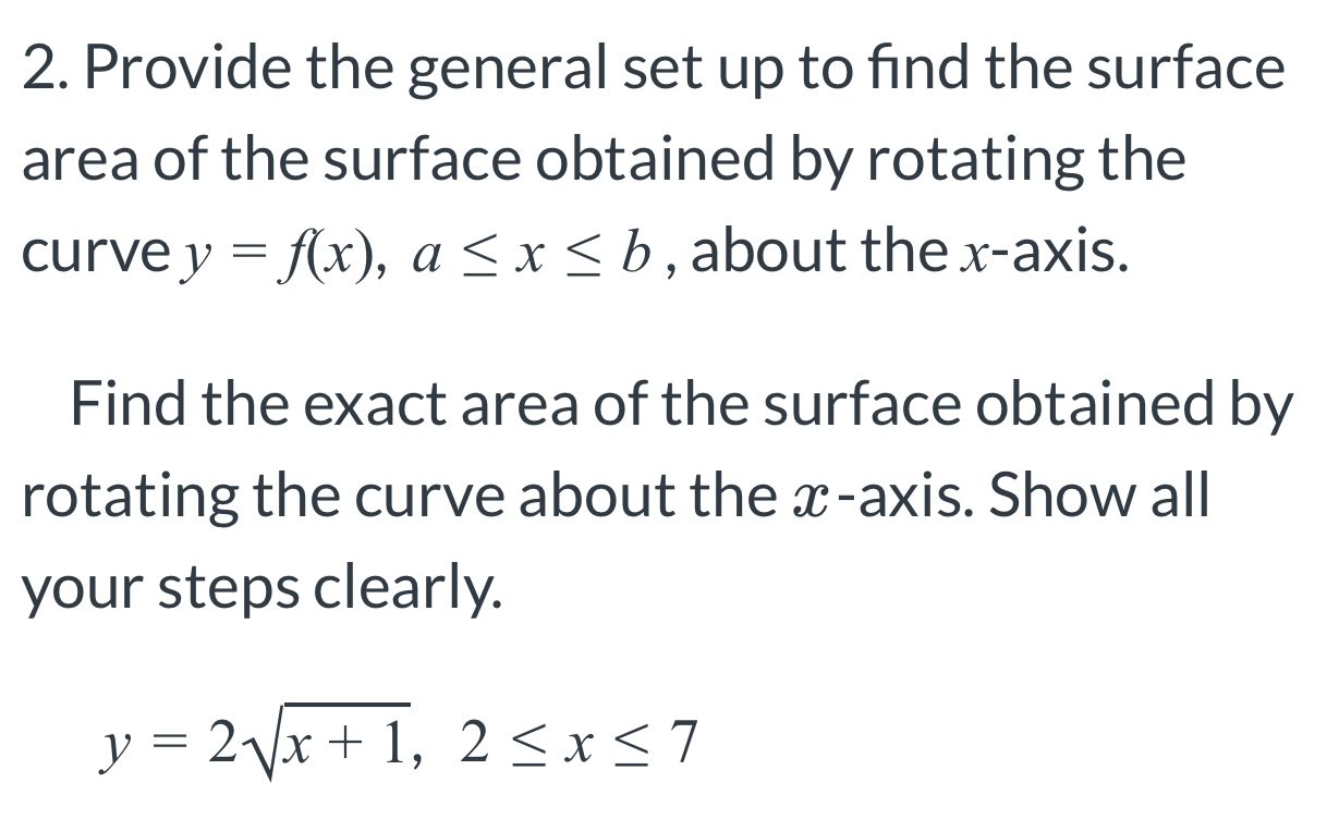 Solved 2. Provide the general set up to find the surface | Chegg.com