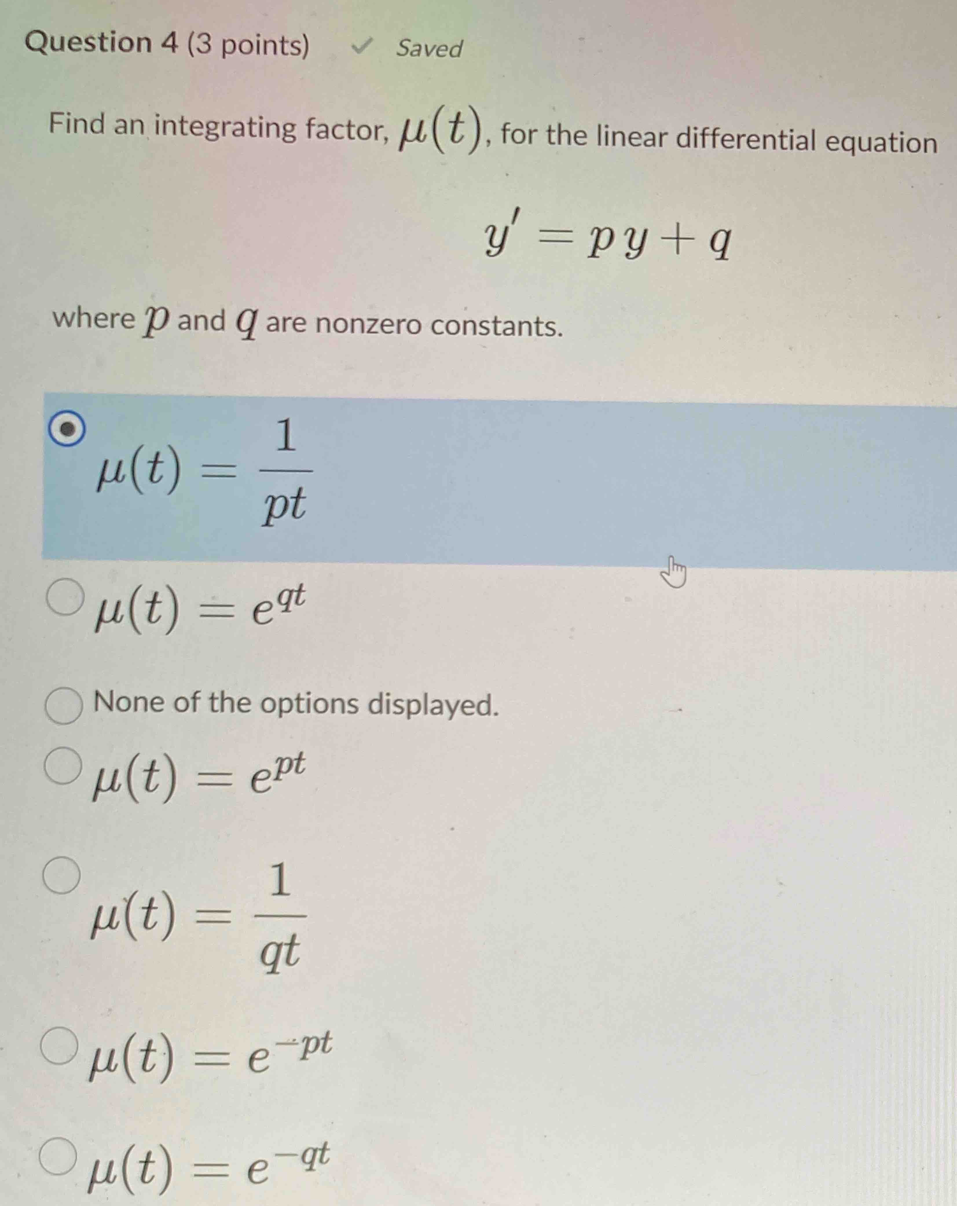 Solved Question 4 (3 ﻿points) ﻿SavedFind an integrating | Chegg.com