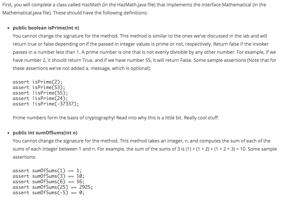 Solved First, you will complete a class called HazMath (in | Chegg.com