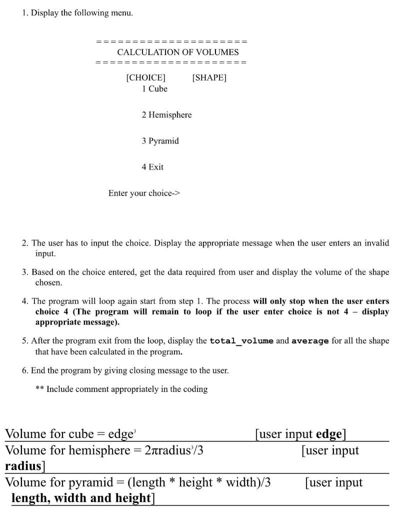 Solved 1. Display the following menu. CALCULATION OF VOLUMES | Chegg.com