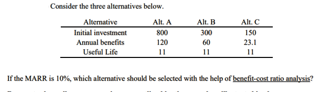 Solved Consider the three alternatives below. Alternative | Chegg.com