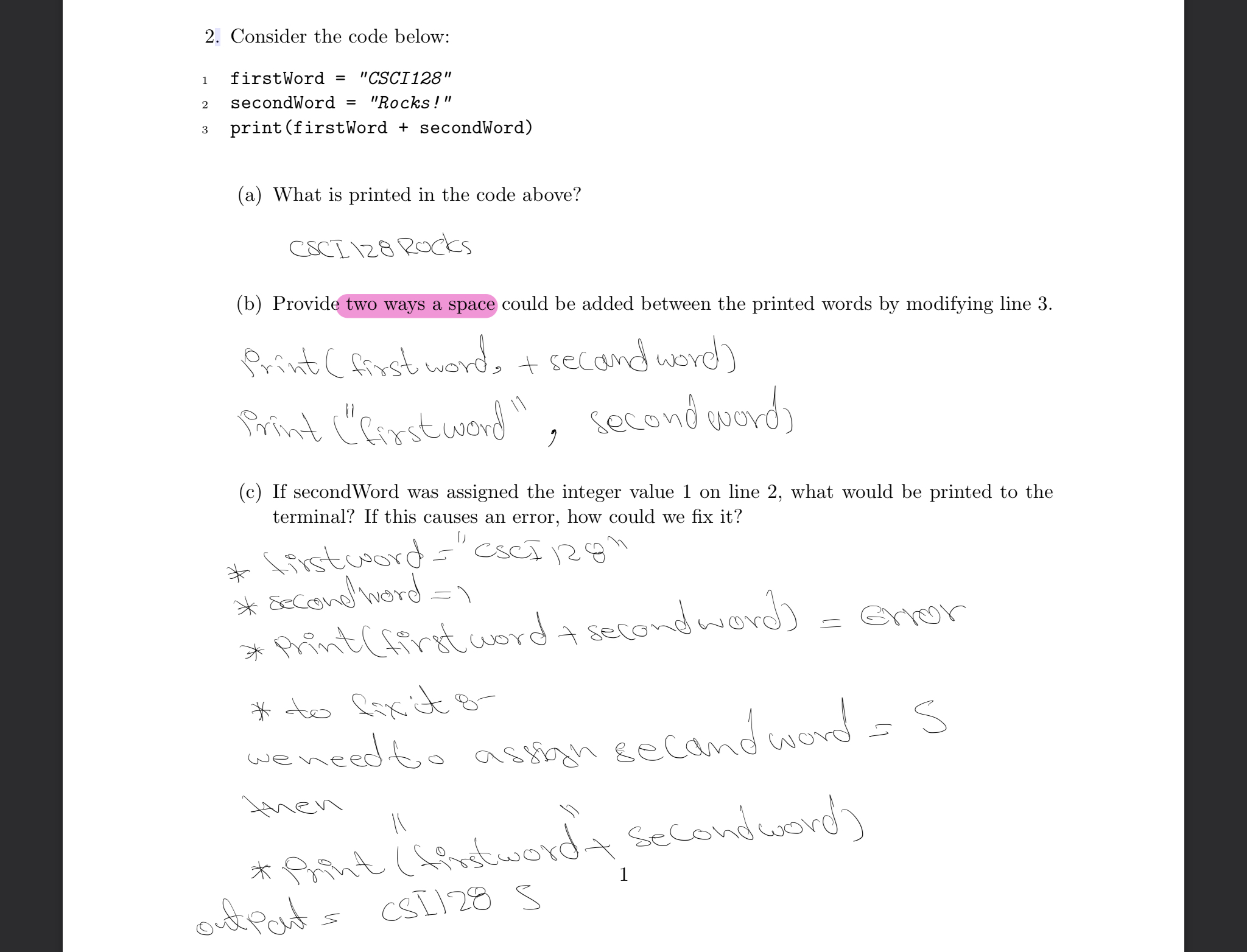 Solved 2. Consider the code below: 123 firstWord = "CSCI128" | Chegg.com