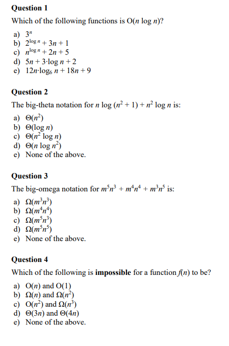 Solved Question 1 Which of the following functions is O(n | Chegg.com
