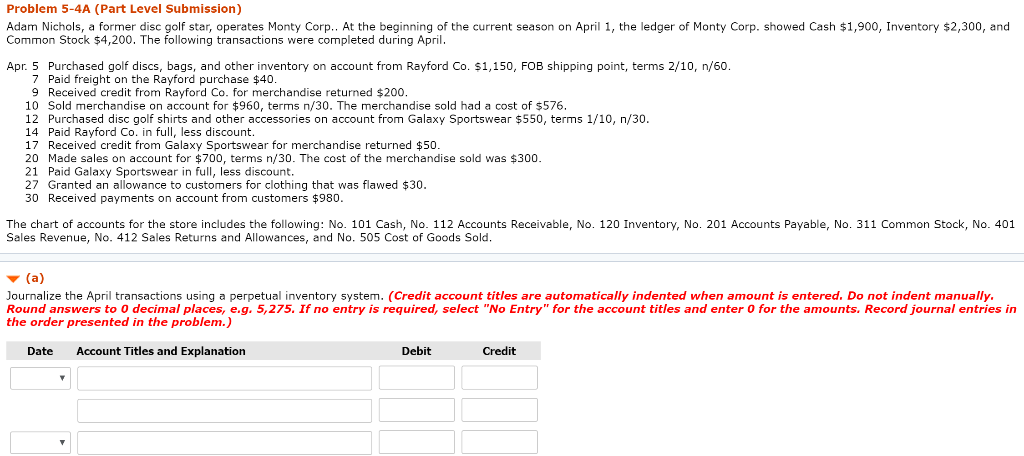 Solved Problem 5-4A (Part Level Submission) Adam Nichols, a | Chegg.com