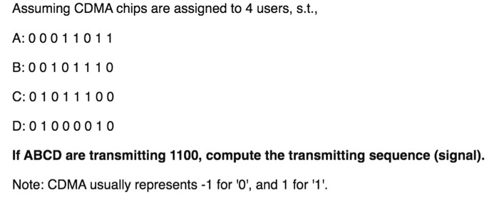 Assuming CDMA chips are assigned to 4 users, s.t., A: | Chegg.com