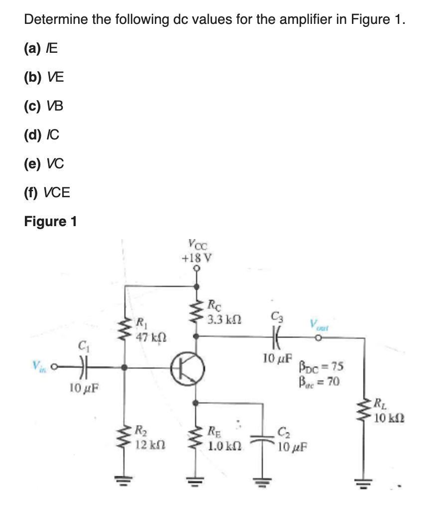 Solved Determine the following dc values for the amplifier | Chegg.com