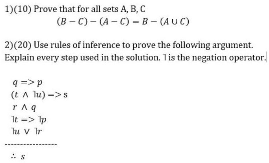Solved 1)(10) Prove that for all sets A, B, C (B-C) - (A-C) | Chegg.com