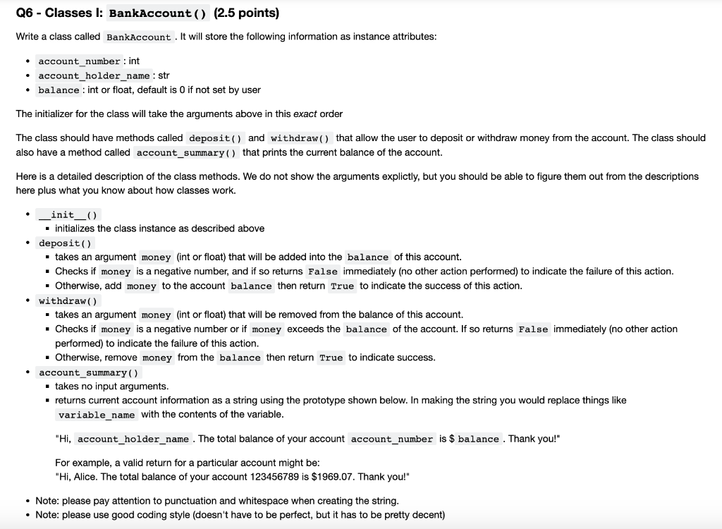 Solved Q6 - Classes I: BankAccount () (2.5 points) Write a | Chegg.com