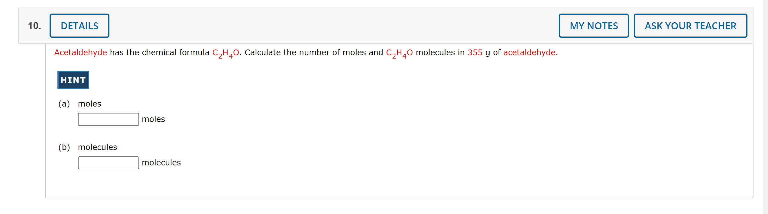 Solved Acetaldehyde has the chemical formula C2H4O. | Chegg.com