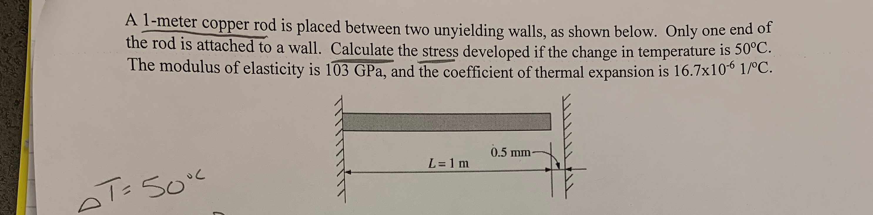 Solved A l-meter copper rod is placed between two unyielding | Chegg.com