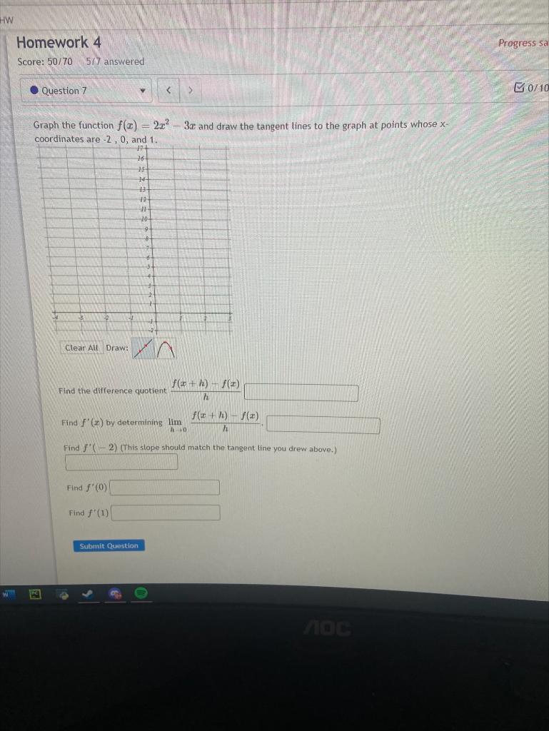 Solved Graph the function f(x)=2x2−3x and draw the tangent | Chegg.com