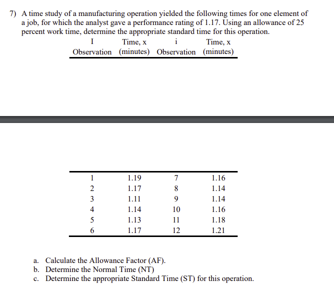 Solved 7) A time study of a manufacturing operation yielded | Chegg.com