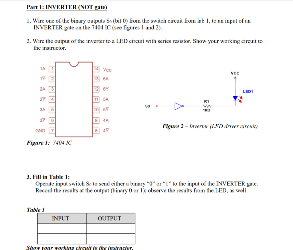 Solved Part 1: INVERTER (NOT gate) 1. Wire one of the binary | Chegg.com