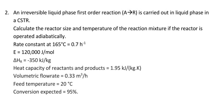 Solved 2. An irreversible liquid phase first order reaction | Chegg.com