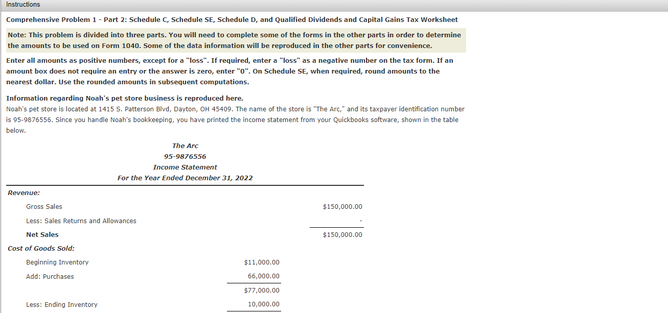Comprehensive Problem 1 - Part 2: Schedule C, | Chegg.com