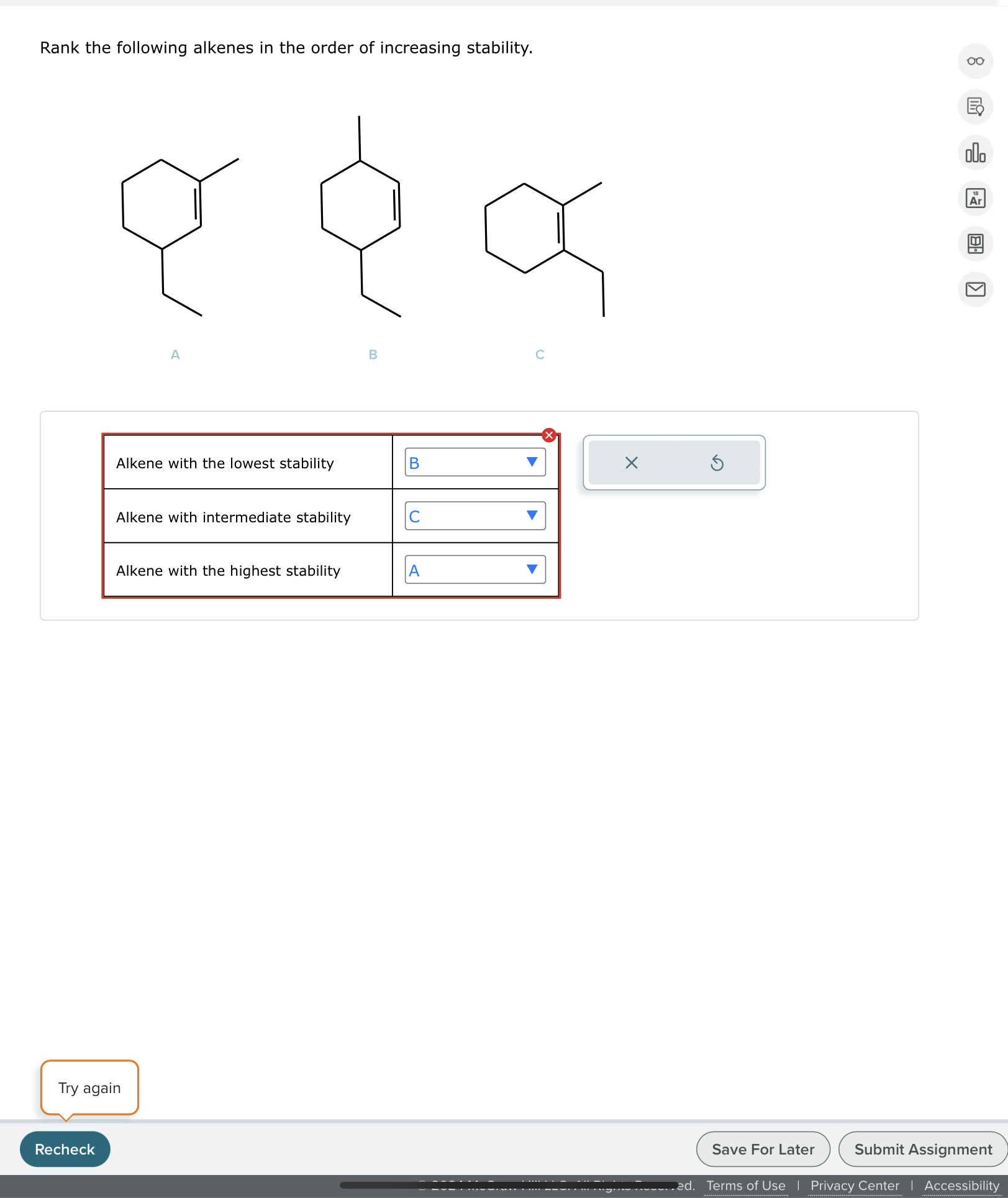 Solved Rank The Following Alkenes In The Order Of Increasing