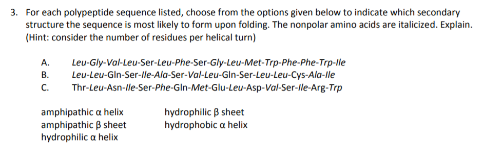 Solved 3. For each polypeptide sequence listed, choose from | Chegg.com