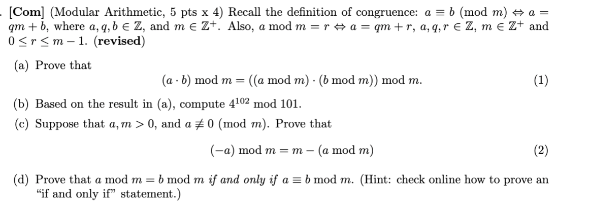 Solved [Com] (Modular Arithmetic, 5 pts ×4) Recall the | Chegg.com