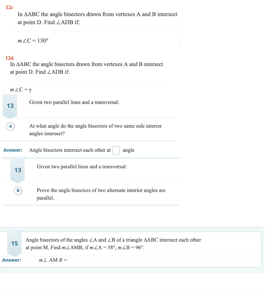 Solved 12c In AABC the angle bisectors drawn from vertexes A | Chegg.com