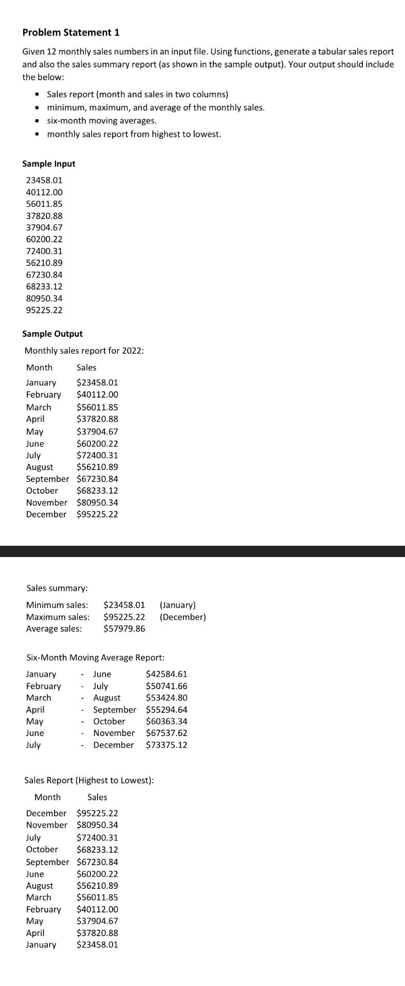 Solved Problem Statement 1 Given 12 monthly sales numbers in | Chegg.com