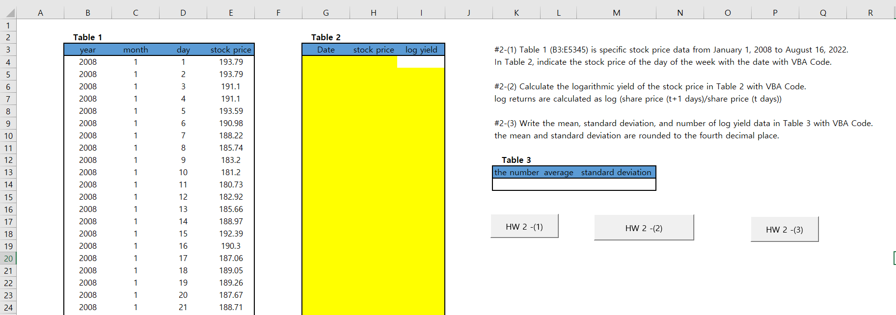 Solved \#2-(1) Table 1 (B3:E5345) is specific stock price | Chegg.com Solved \#2-(1) Table 1 (B3:E5345) is specific stock price | Chegg.com